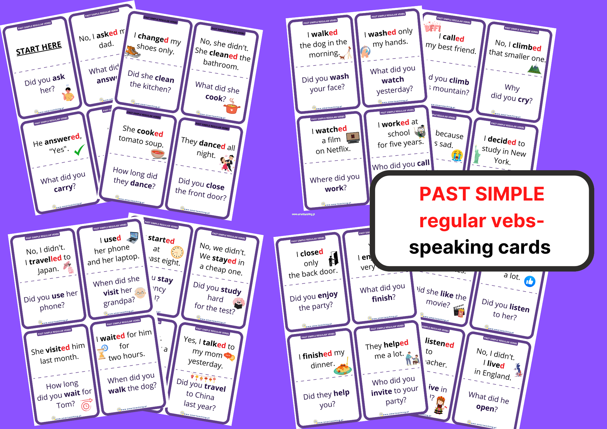 Past Simple – regular verbs speaking cards PDF